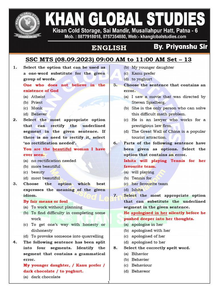 SSC MTS English Practice Set-13 (Printable PDF) - 6201386989 | PDF ...