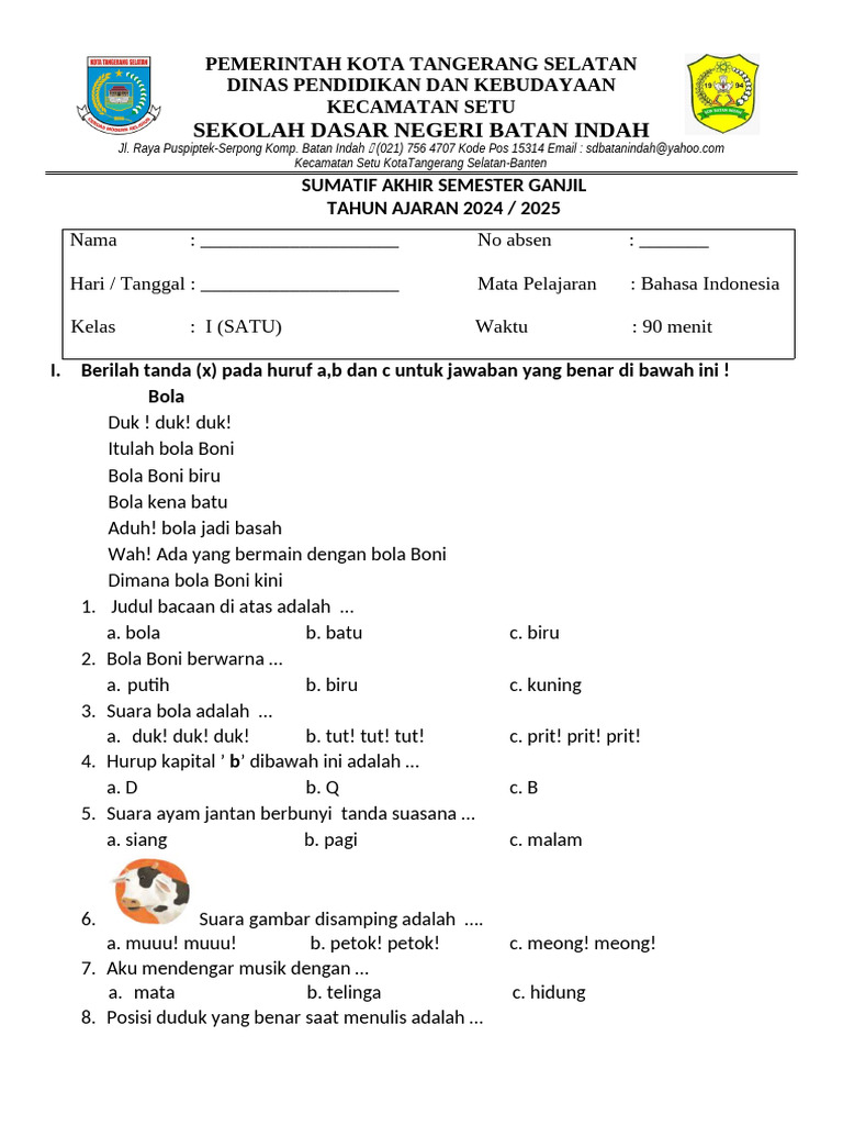Soal Sas Kelas 1 Semester 1 2024 | PDF