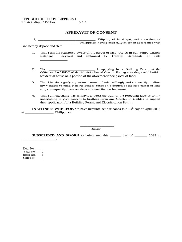 Affidavit-of-Consent-Permit - For Building Permit | PDF | Finance ...