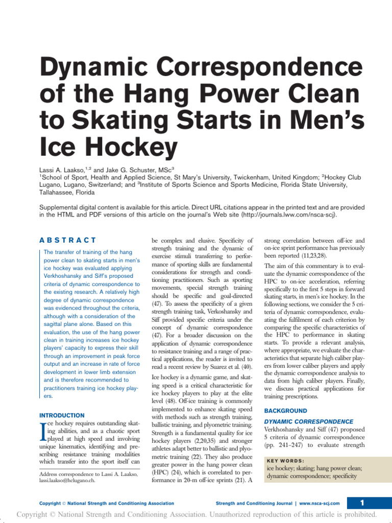 Dynamic Correspondence of The Hang Power Clean To Skating Starts in Men's Ice Hockey. | PDF ...