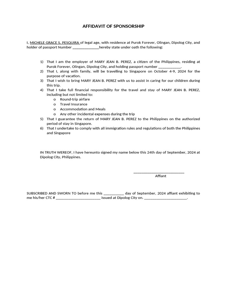 Affidavit of Sponsorship | PDF | Affidavit | Immigration