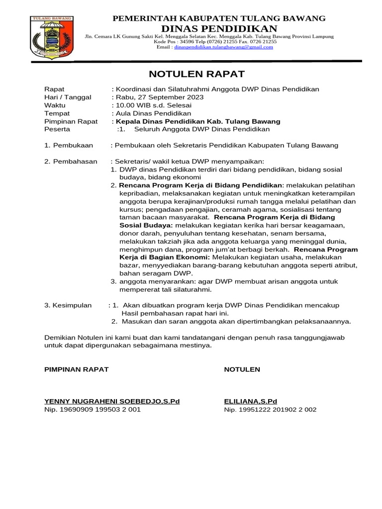 Notulen Rapat DWP Dinas Pendidikan | PDF