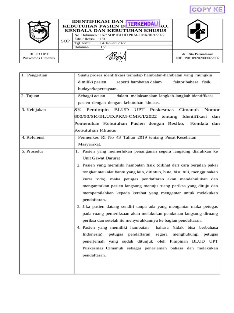 3.1.1 EP A2 SOP IDENTIFIKASI DAN PEMENUHAN KEBUTUHAN PASIEN DENGAN RESIKO KENDALA KEBUTUHAN ...