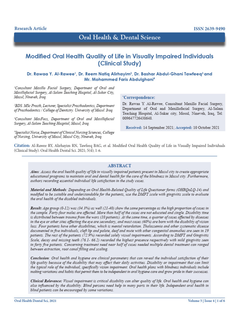 Modified Oral Health Quality of Life in Visually Impaired Individuals ...