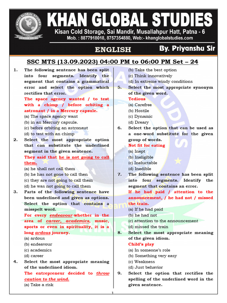 SSC MTS English Practice Set-24 (Printabl | PDF