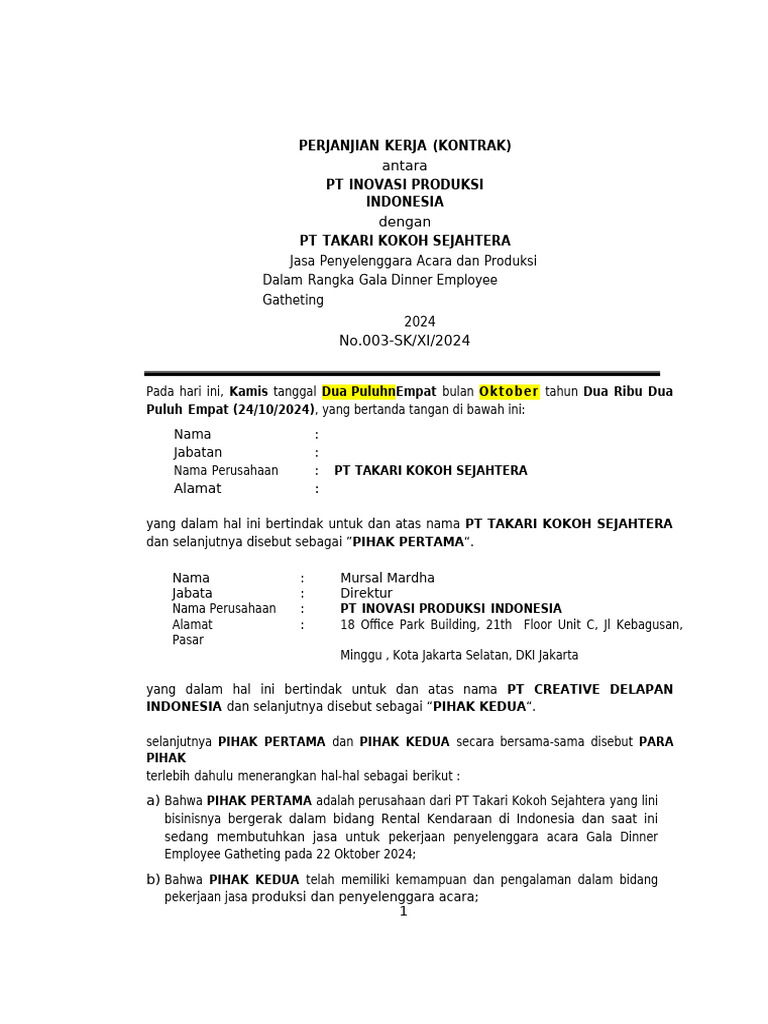 Draft Agreement Letter PT Takari | PDF