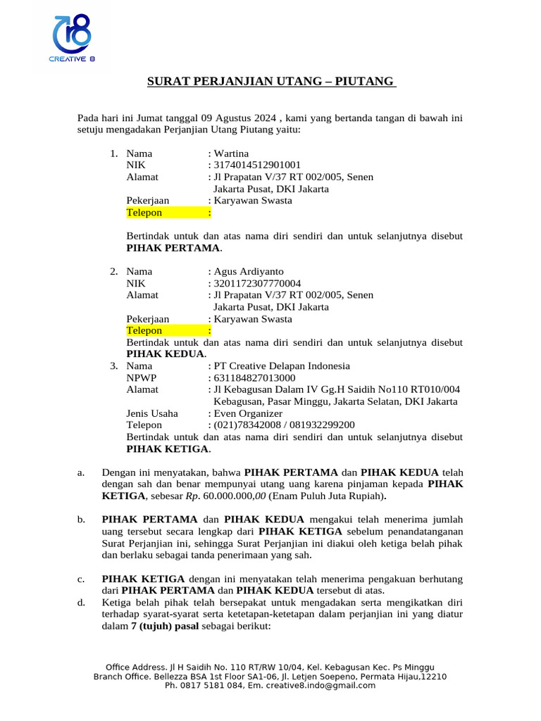 Surat Perjanjian Utang Piutang 2024 | PDF