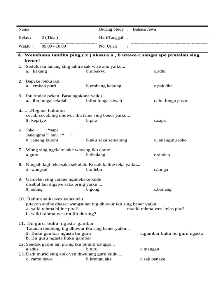 Bahasa Jawa Kelas 2 Sumatif Fiks | PDF