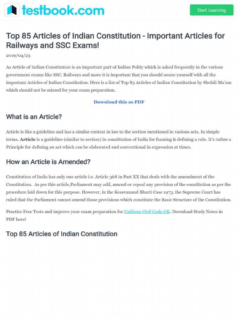 Top 85 Articles of Indian Constitution | PDF