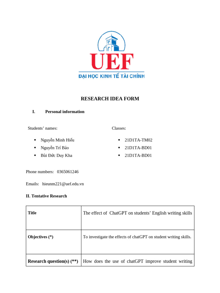 RESEARCH IDEA FORM (Hiếu, Bảo, Kha) | PDF | Artificial Intelligence | Intelligence (AI) & Semantics
