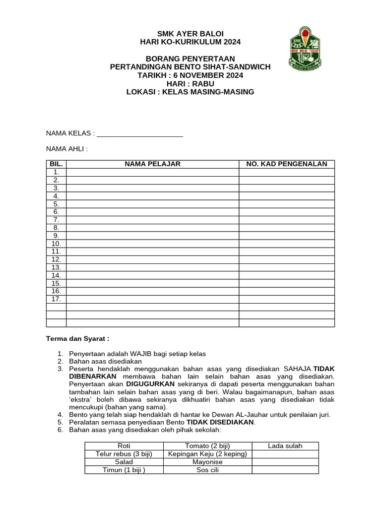 Borang Penyertaan Pertandingan BENTO | PDF