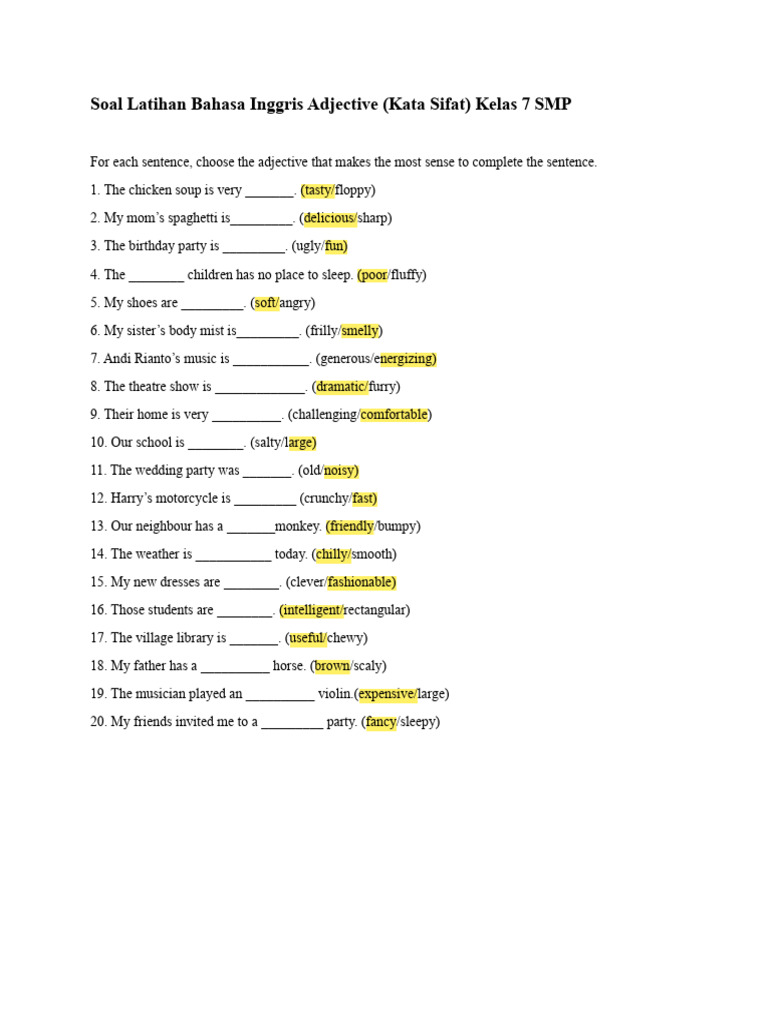 Soal Latihan Bahasa Inggris Adjective | PDF | Language Arts & Discipline