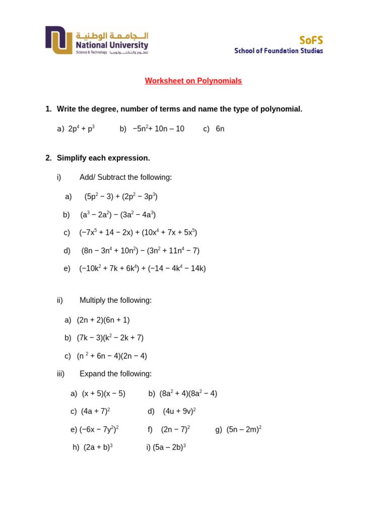 Worksheet On Algebraic Operations On Polynomials | PDF | Teaching ...