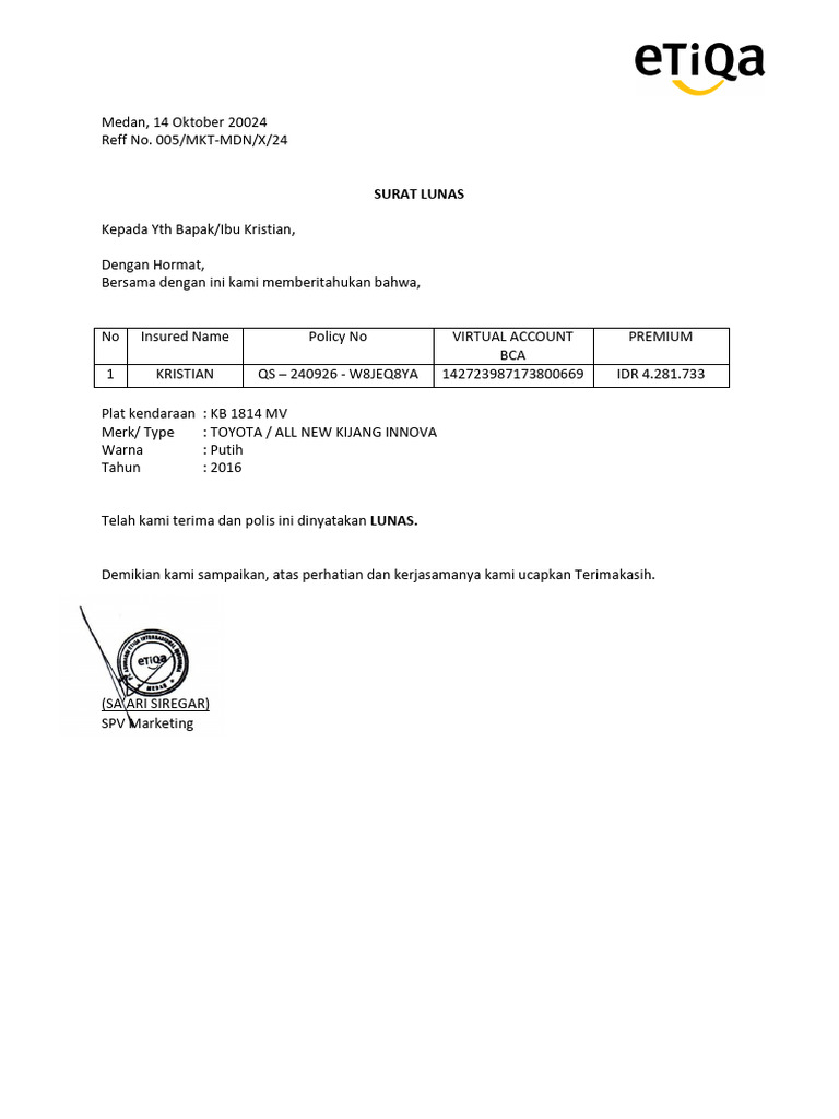 Surat Lunas KB 1814 MV | PDF