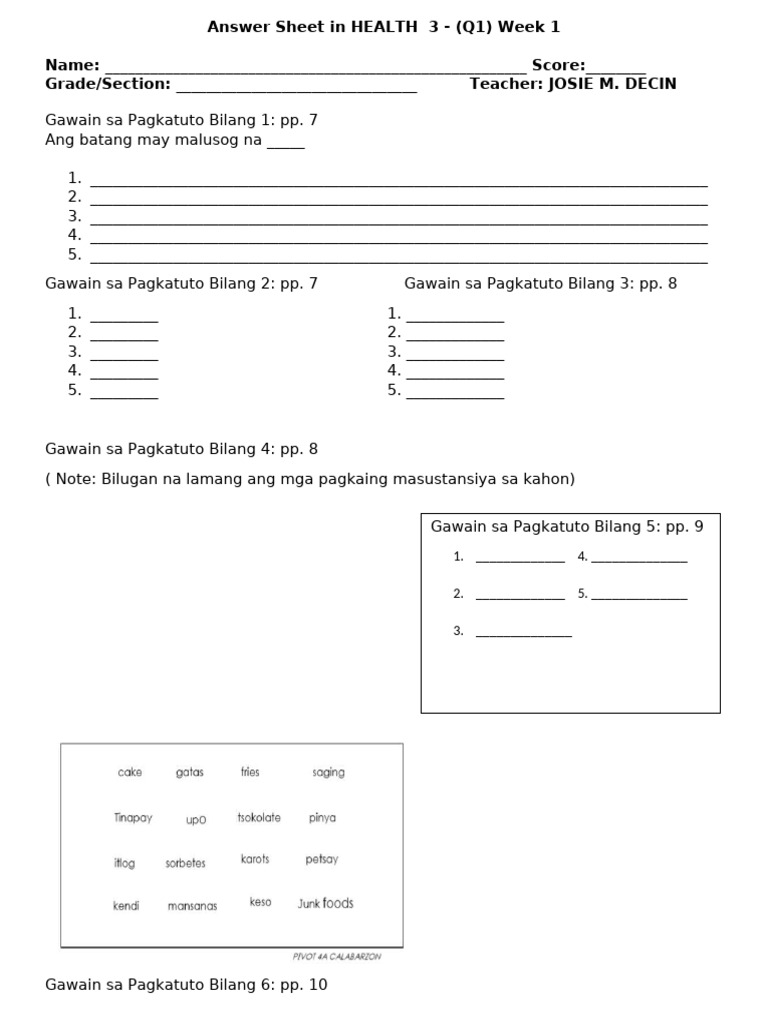 Answer-Sheet-in - HEALTH - Week 1 | PDF