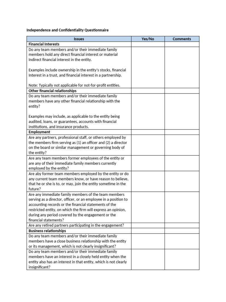 Independence and Confidentiality Questionnaire | PDF | Interest ...