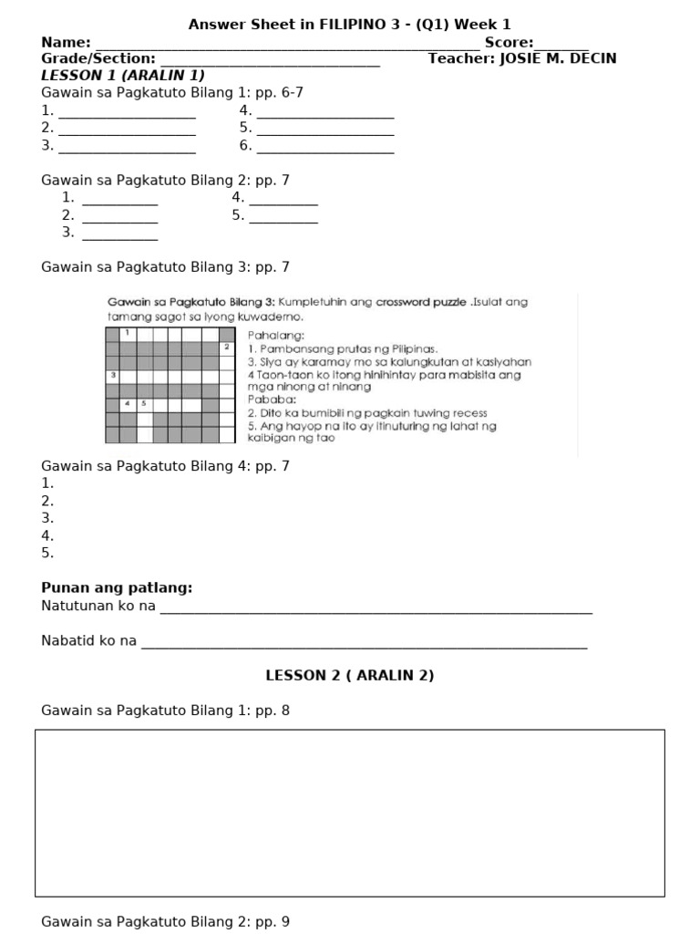 Answer-Sheet-in-FILIPINO - Week 1 | PDF