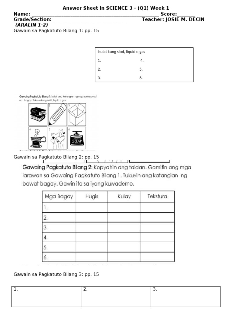 Answer-Sheet-in-SCIENCE - Week 1 | PDF