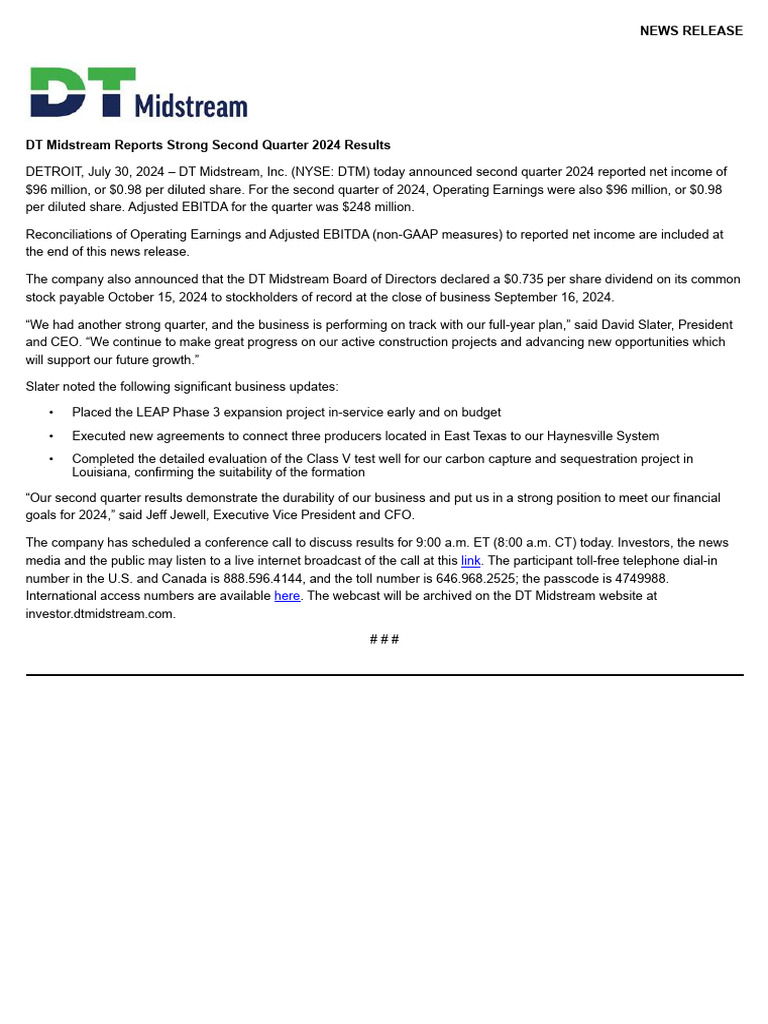 DT Midstream - Q2 2024 (1) | PDF | Expense | Investing