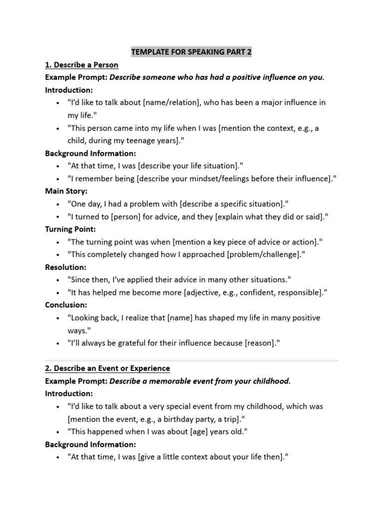IELTS Speaking Part 2 Template Guide | PDF | Psychological Concepts ...