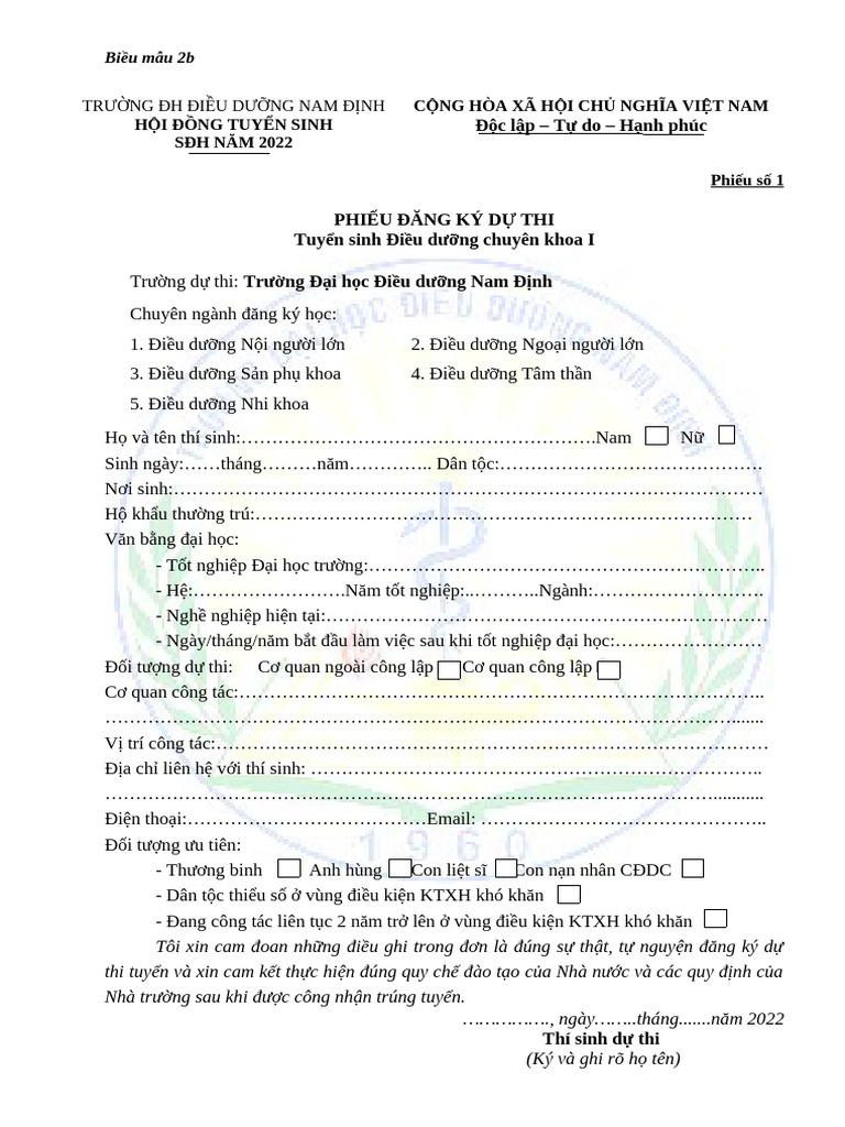 Biểu mẫu 2b - Phiếu dự thi CKI | PDF