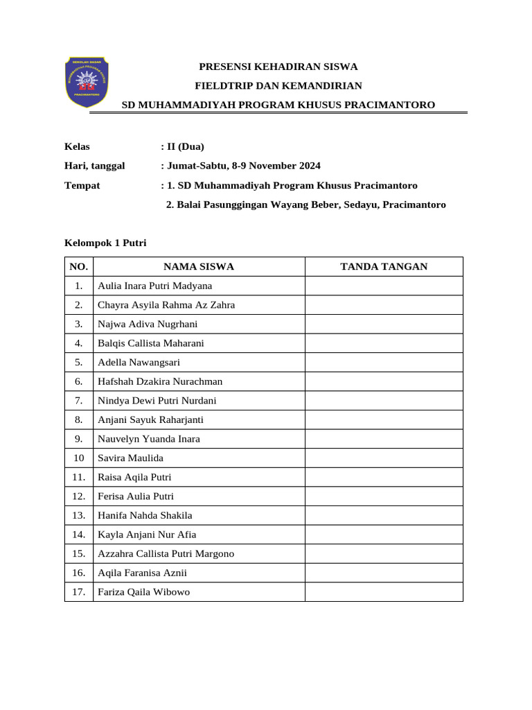 Presensi Siswa Kelas 2 Pdf