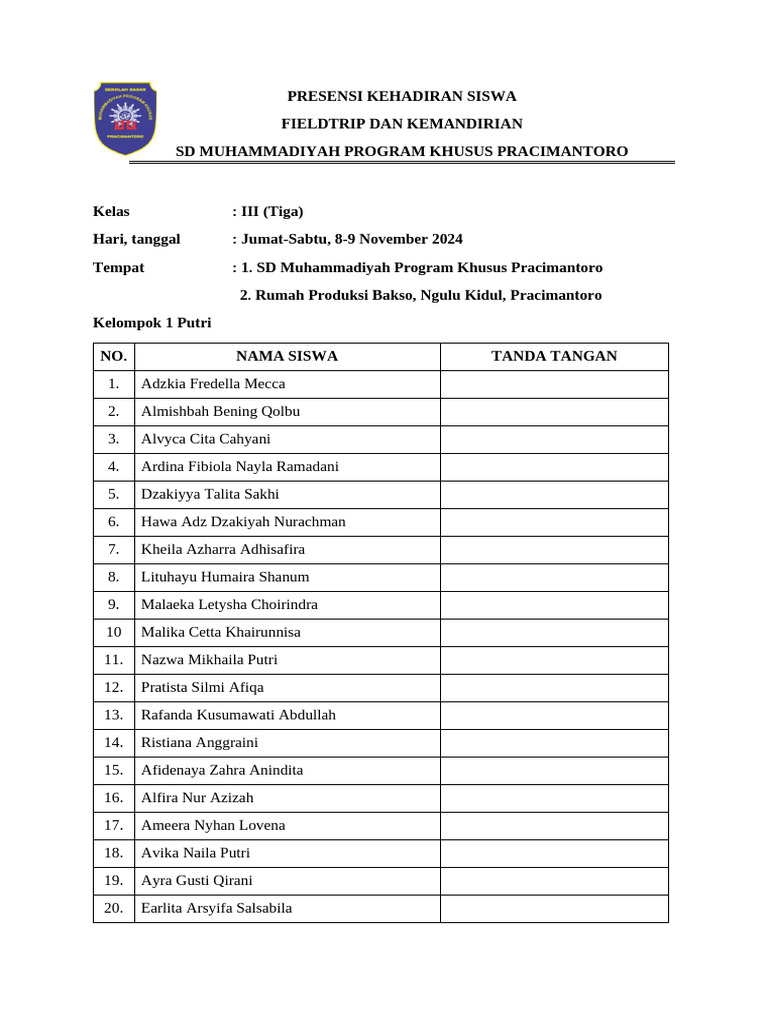 Presensi Fieldtrip Siswa Sd Muhammadiyah Pdf Griya And Taman