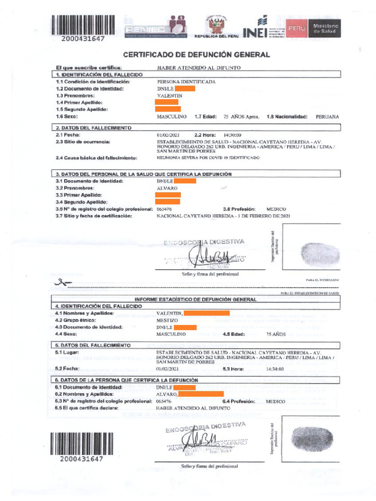 Certificado de Defunción General - Perú | PDF