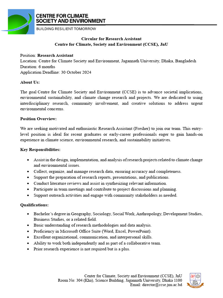 Research Assistant Position at CCSE, JnU | PDF | Sustainability