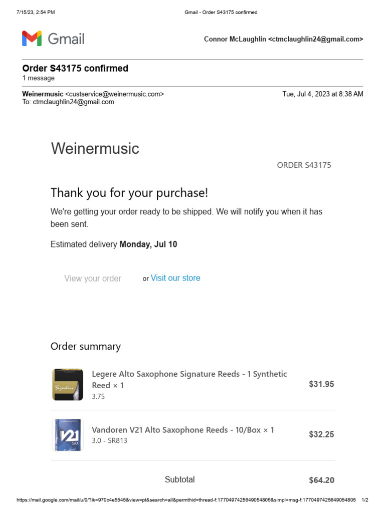Gmail - Order S43175 Confirmed | PDF | Woodwind Instruments | Reed Aerophones