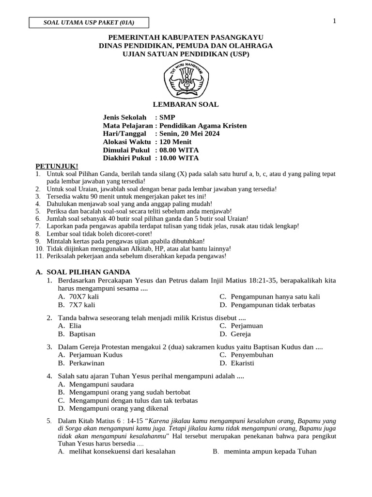 Soal Utama Usp - Agama Kristen - 2023-2024 | PDF | Agama & Spiritualitas