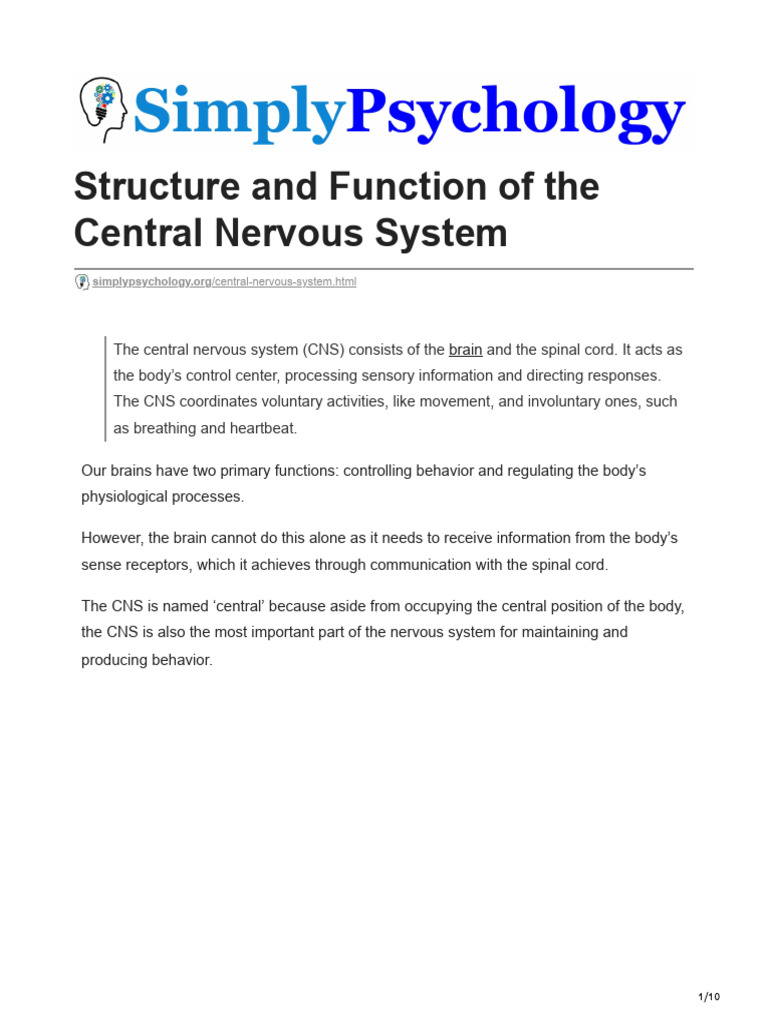 Structure and Function of The Central Nervous System | PDF | Central ...