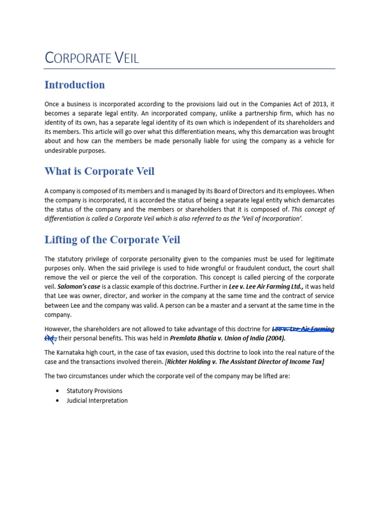 Corporate Veil | PDF | Piercing The Corporate Veil | Private Law