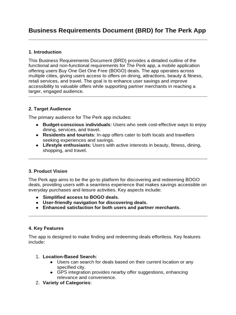 Business Requirements Document (BRD) For The Perk App | PDF | Mobile App | Android (Operating ...
