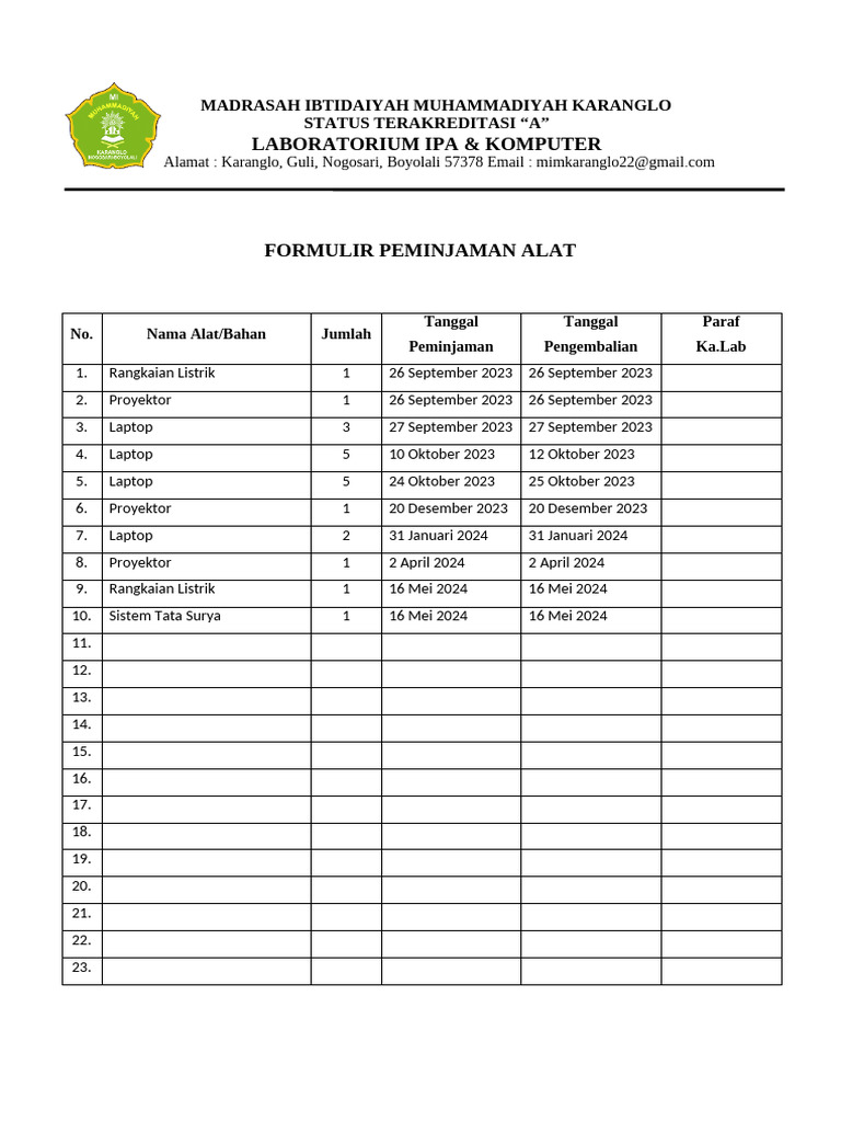 Formulir Peminjaman Alat Laboratorium MI Karanglo | PDF