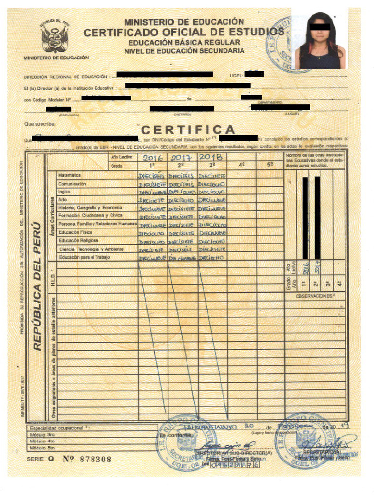 Cetificado Oficial de Estudios - Perú - 2018 | PDF