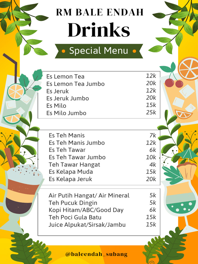 Yellow and Green Leaves Illustrative Drinks Menu | PDF