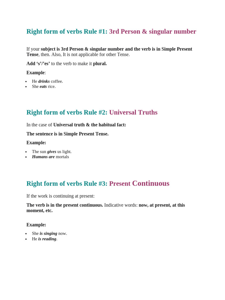 Right Form of Verbs Rule | PDF | Verb | Grammatical Tense