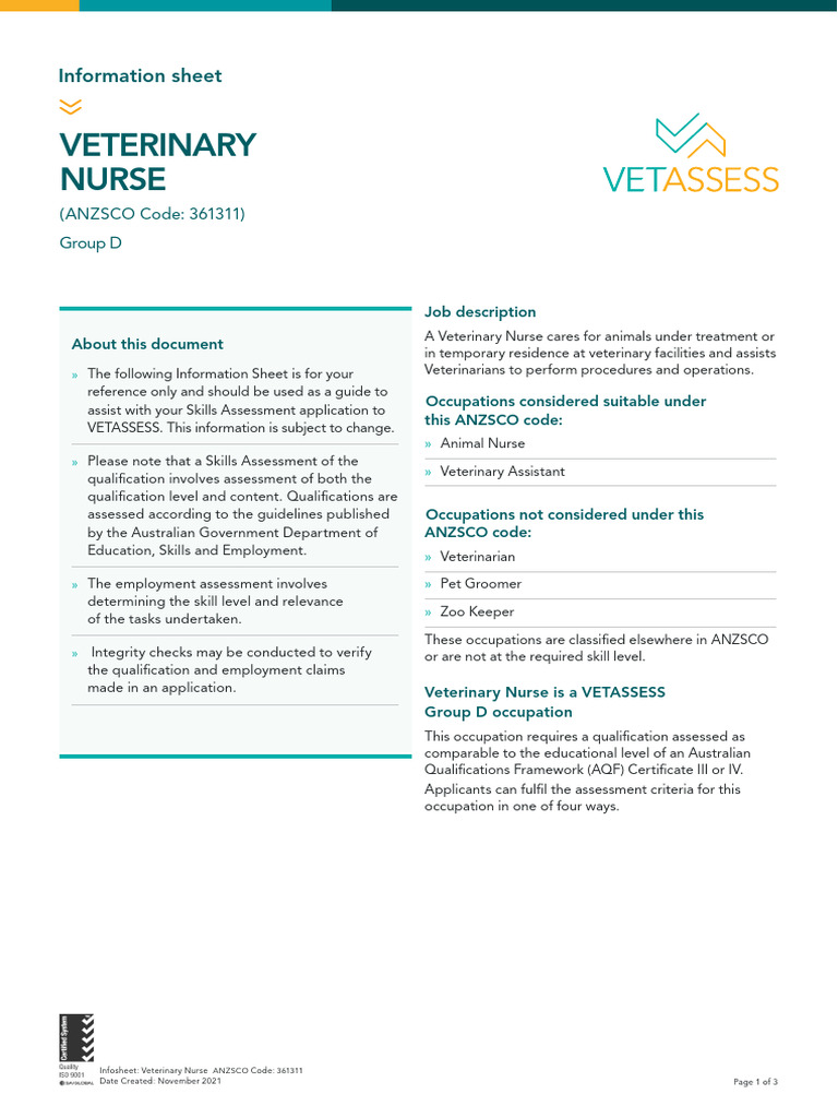 Information Sheet - Veterinary Nurse | PDF | Veterinary Medicine ...