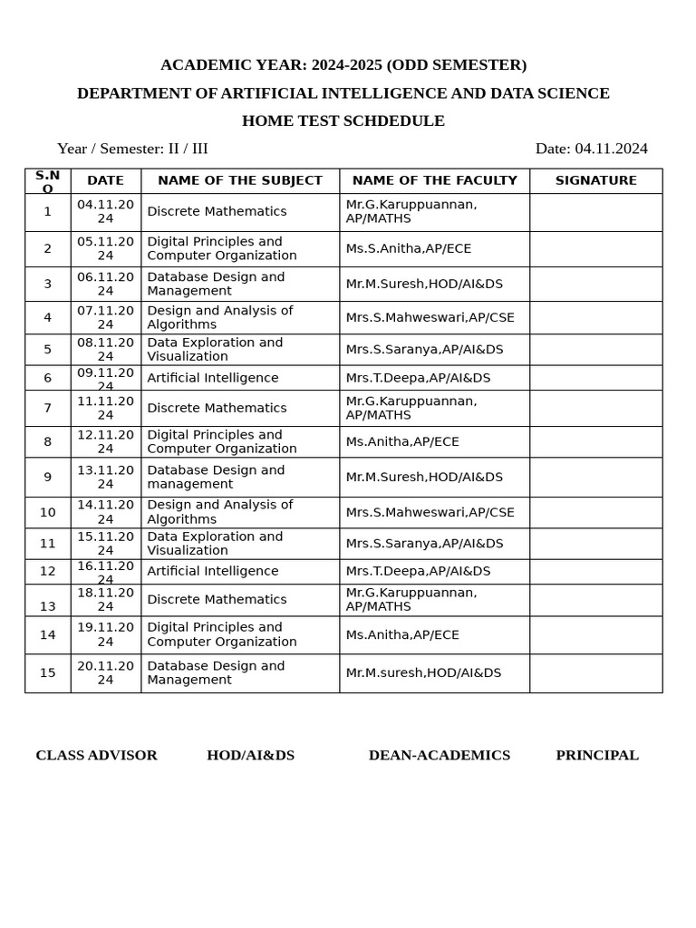 2024-2025 AI & Data Science Exam Schedule | PDF