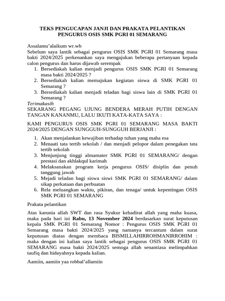 Teks Pengucapan Janji Osis 2024 | PDF | Karier & Perkembangan