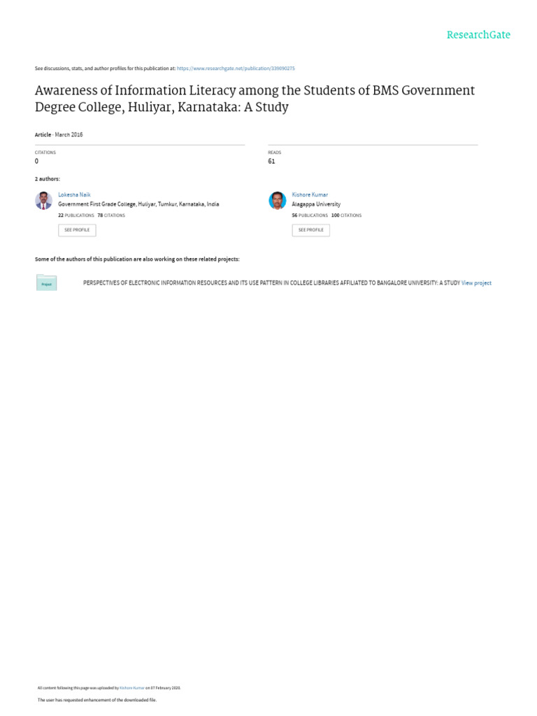 Awareness of Information Literacy Among The Students of BMS Government Degree | PDF | Libraries ...