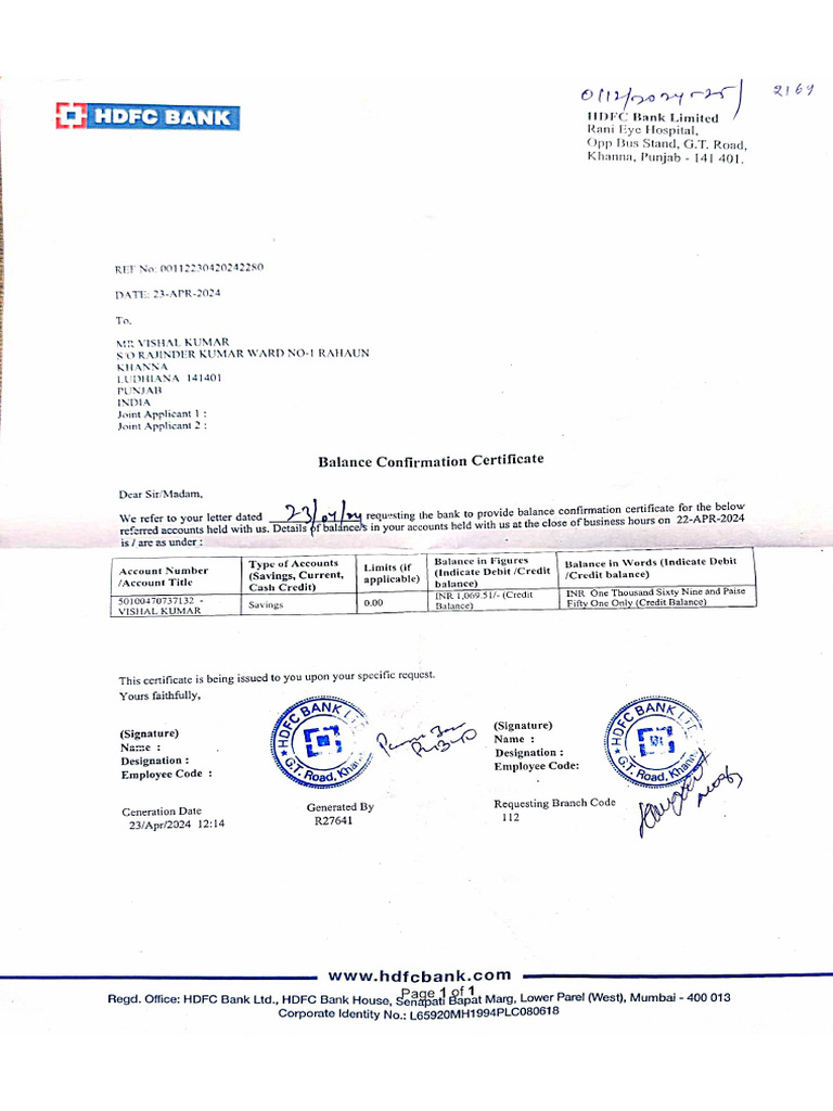 Balance Certificate | PDF