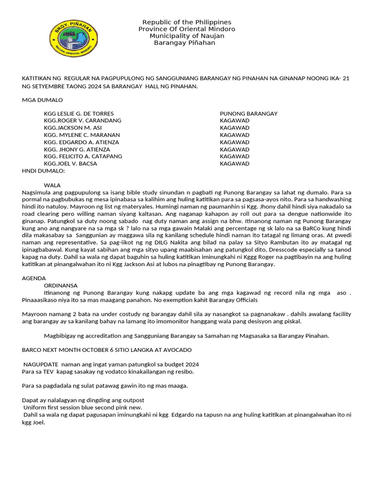 Republic of The Philippines Province of Oriental Mindoro Municipality ...