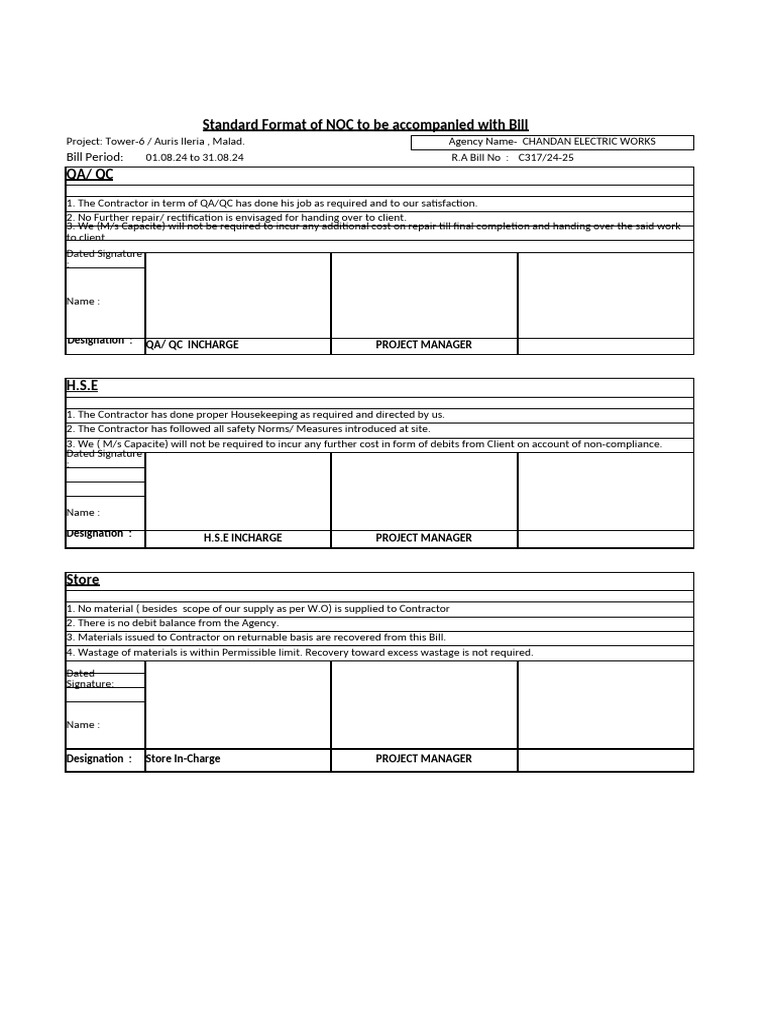 NOC and Invoice for Tower-6 Project | PDF | Payments