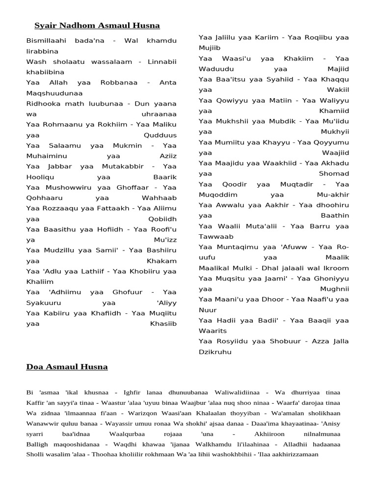 Syair Nadhom Asmaul Husna | PDF