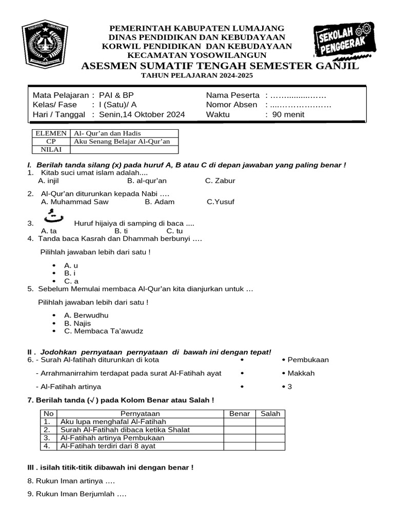 Soal Ats KLS 4 Ganjil 2024 | PDF