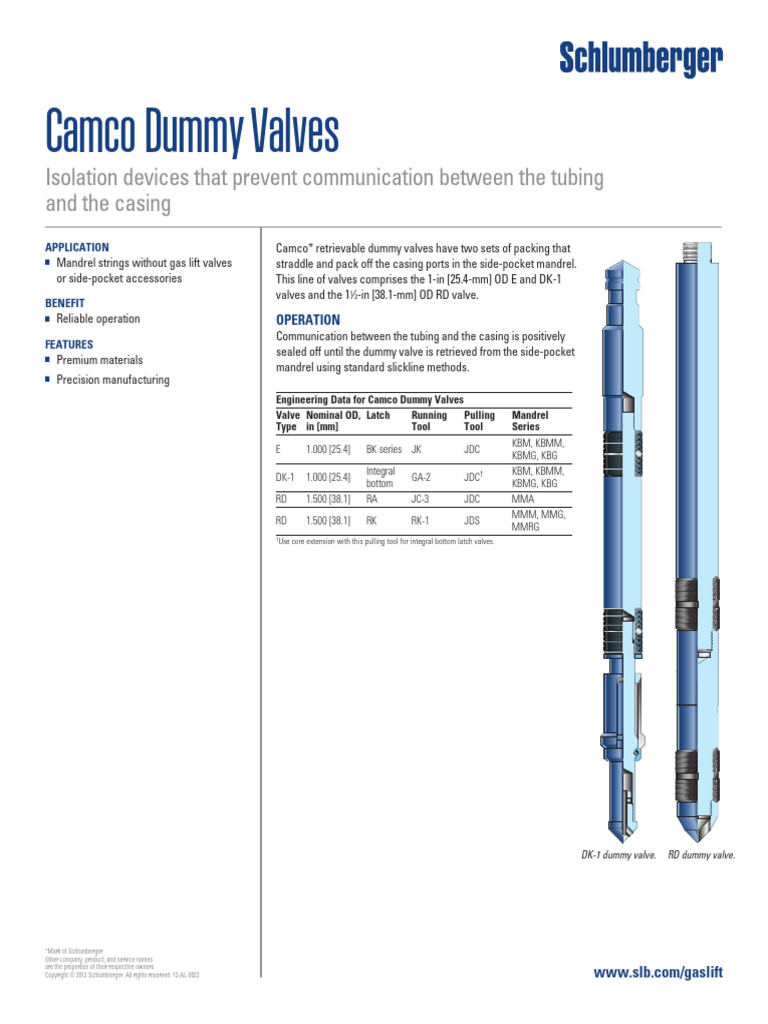 Camco Dummy Valve Specifications | PDF | Hydraulics | Equipment
