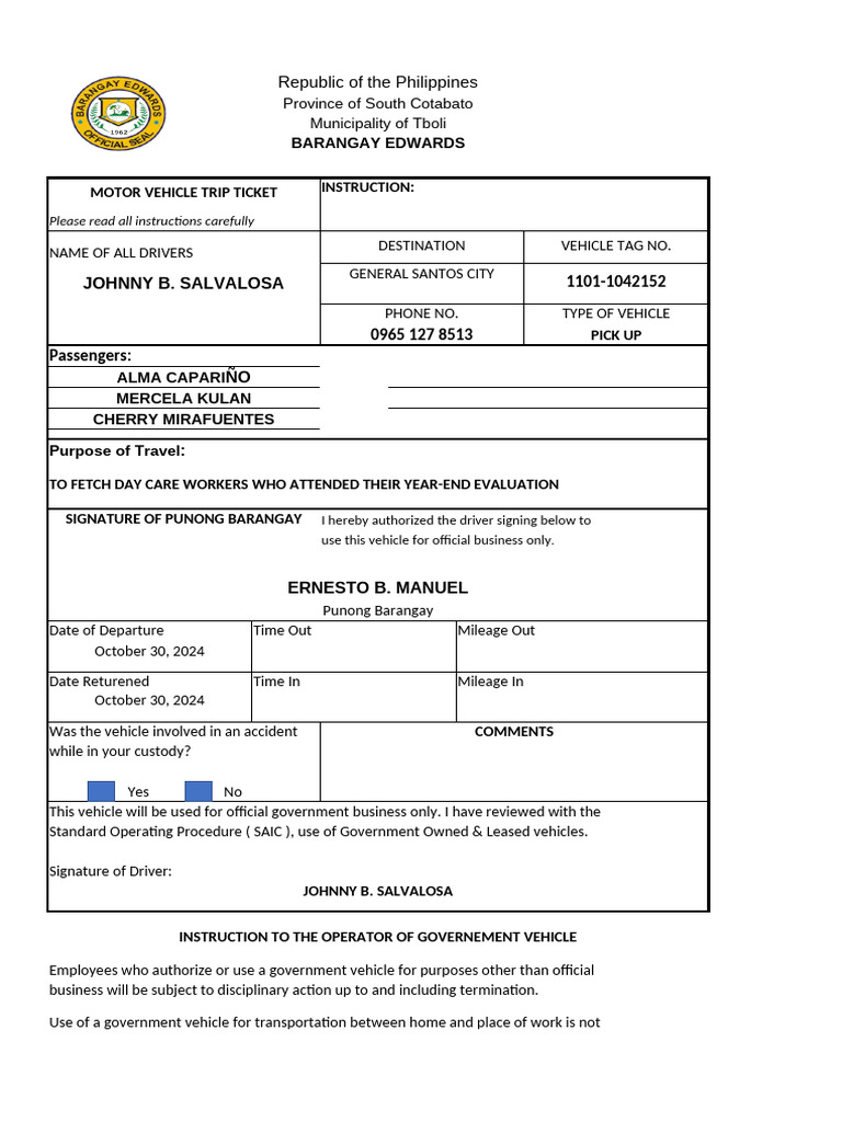 trip ticket | PDF | Motor Vehicle | Land Transport