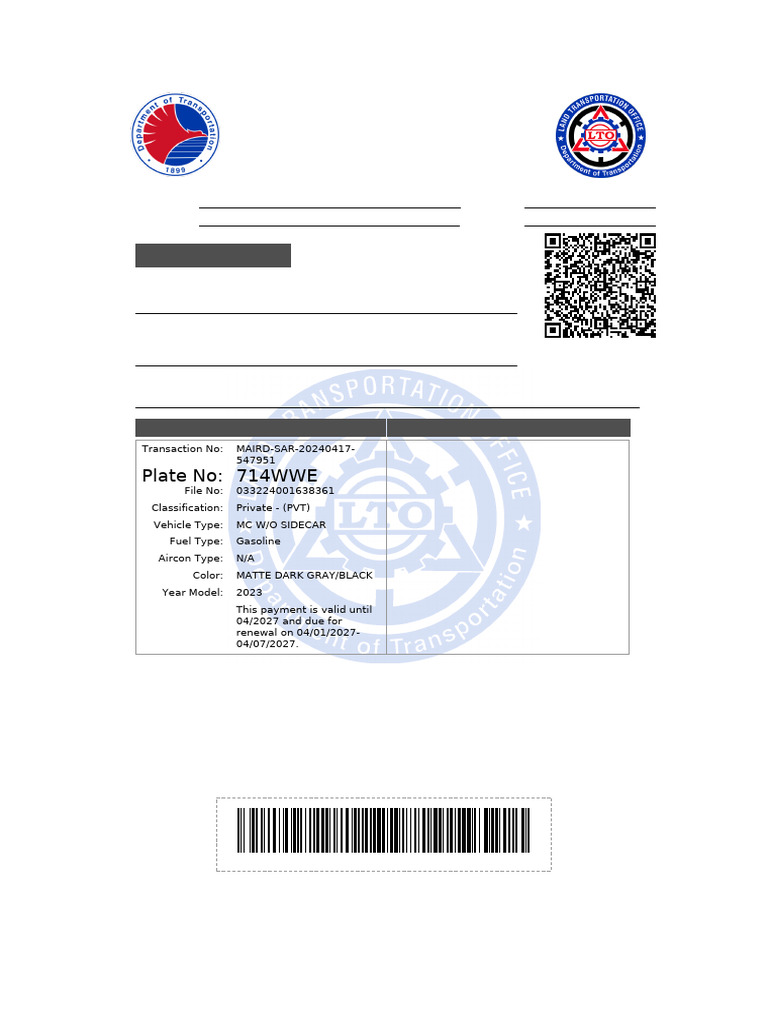 LTO Official Receipt for Vehicle 0332 | PDF | Transport